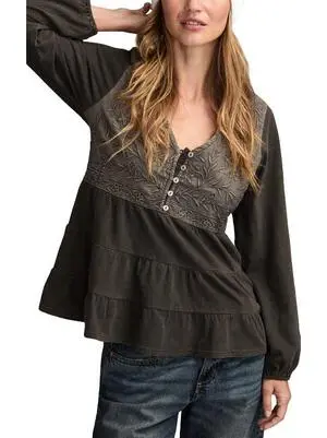 Lucky Brand Embroidered Yoke Jersey Top - Raven