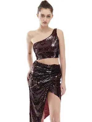 MOTHER OF ALL Lauren Sequins Crop Top - Burgundy