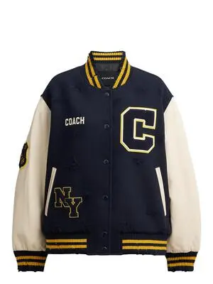 COACH Distressed Wool Varsity Jacket - Navy Blue
