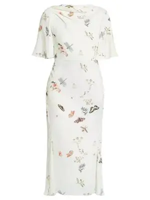 Erdem Flutter-sleeve Printed Midi Dress - Neutrals