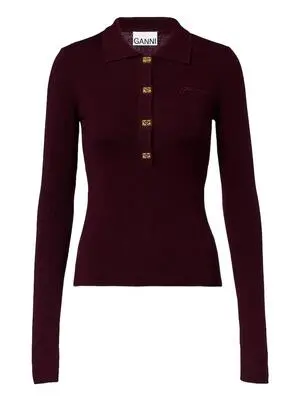 GANNI Wool Polo Sweater - Burgundy