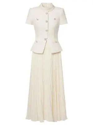 SELF-PORTRAIT Pleated Bouclé Chiffon Midi Dress - White