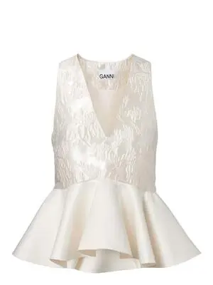 GANNI Peplum Satin Cloqué Top - White