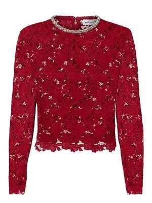 SELF-PORTRAIT Embellished Guipure Lace Top - Red