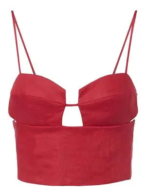 CALA DE LA CRUZ Imperia Cutout Linen Crop Top - Red