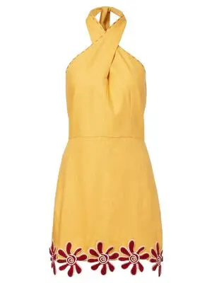 CALA DE LA CRUZ Veneta Floral-appliqué Linen Minidress - Yellow