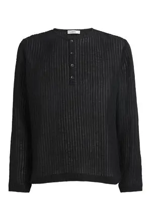 Commas Linen-cotton-blend Stripe Henley T-shirt - Black