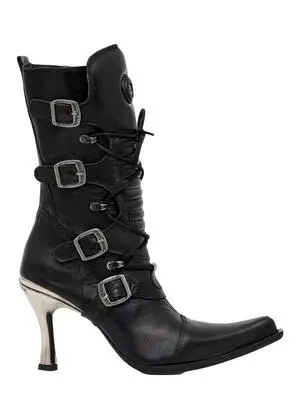 NEW ROCK 100mm Buckle Heel Leather Boots - Black