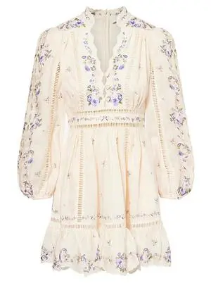 Zimmermann Patience Plunge Linen Mini Dress - Cream Purple Rose