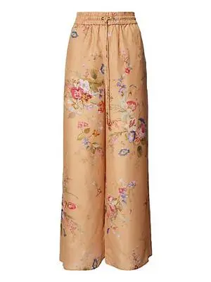 Zimmermann Relaxed Fit Silk Trousers - Tan Floral