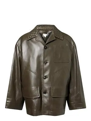 Bottega Veneta Woven-collar Patch-pocket Leather Jacket - Deep Moss