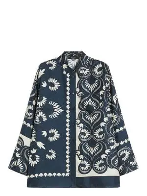 Max Mara Printed Silk Twill Patchwork Shirt - Navy