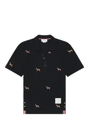 Thom Browne Short Sleeve Pique Polo With Horse Embroidery - Navy