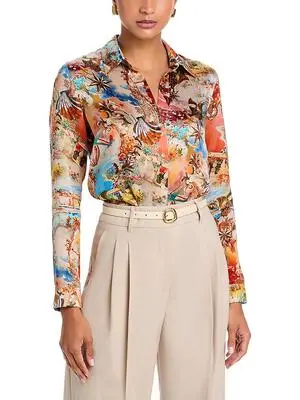 L'Agence Tyler Silk Printed Split Neck Blouse - Multi Collage