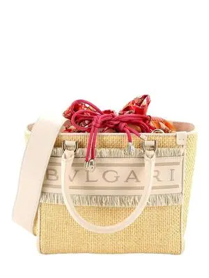 BVLGARI Medium Raffia And Leather Convertible Tote With Fringe And Logo - Neutral