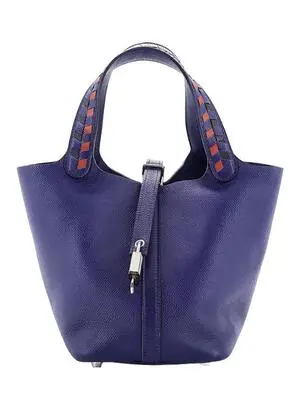 HERMES Pm Picotin Lock Bag Tressage Epsom - Blue/ Blue/ Red
