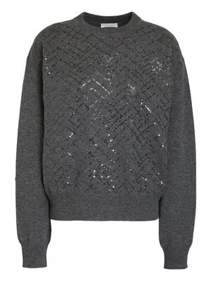 Brunello Cucinelli Sequin-embellished Wool, Cashmere, And Silk-blend Sweater - Dark Gray