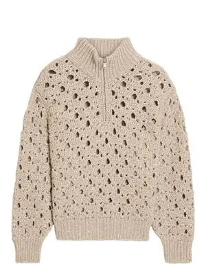 Brunello Cucinelli Sequin-embellished Open-knit Cashmere-blend Half-zip Sweater - Neutral