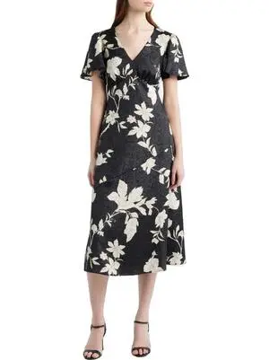 Chelsea28 Floral Jacquard Draped Midi Dress - Black- Ivory Jan Toile
