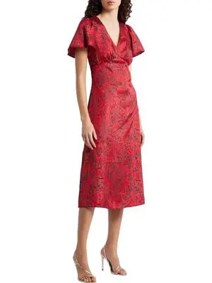 Chelsea28 Floral Jacquard Draped Midi Dress - Red Hollie Floral