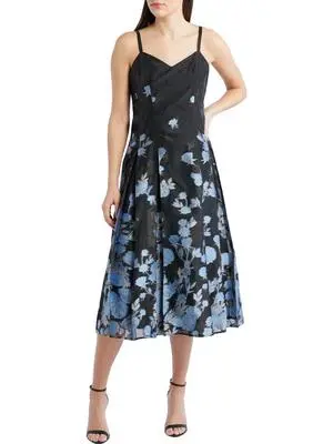 CECE DUPRAZ Metallic Floral Pleated Cocktail Dress - Rich Black