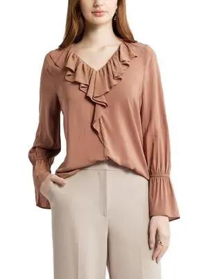 Nordstrom Ruffle-front V-neck Top - Brown Nut