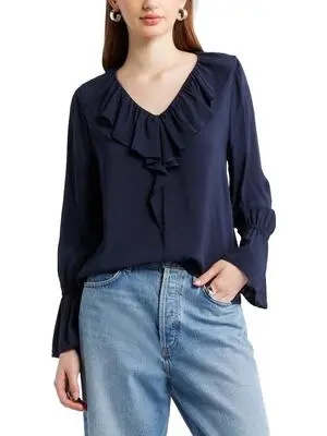 Nordstrom Ruffle-front V-neck Top - Navy Night
