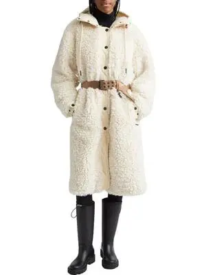 Moncler Blavet Teddy Fleece Long Coat - White