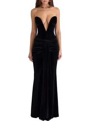 House Of Cb Vienne Deep Plunge Neck Velvet Gown - Black