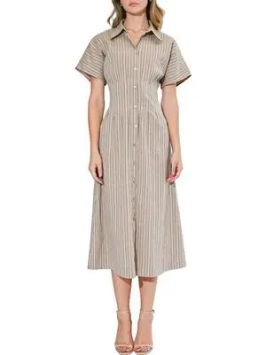 Adelyn Rae Audrey Stripe Shirt Dress - Mocha