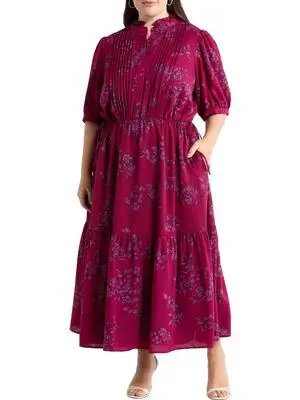 SUGARLIPS Floral Print Pintuck Pleat Maxi Dress - Magenta-mult