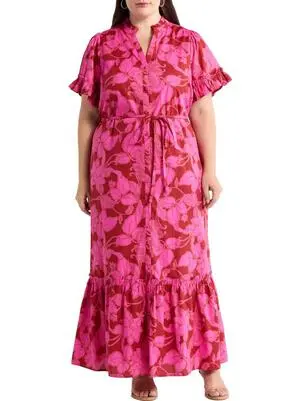SUGARLIPS Floral Alna Maxi Shirt Dress - Burg-pink