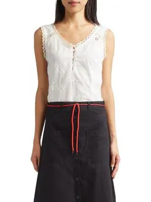 KÚR Vienna Lace Trim Cotton Broderie Anglaise Top - Off-white