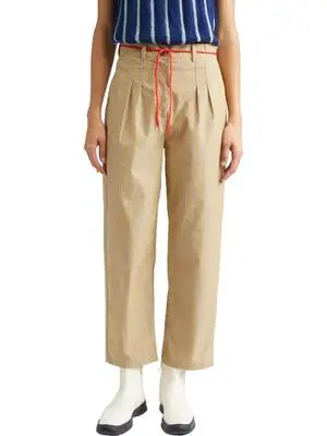 KÚR Shoelace Stripe Pleated Straight Leg Pants - Mud Brown