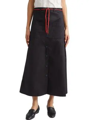 KÚR Shoelace Belt Patch Pocket A-line Midi Skirt - Black