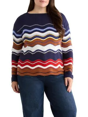 LIVERPOOL Scalloped Hem Pointelle Sweater - Navy/brown Multi Stripe