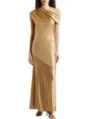 Ralph Lauren Metallic One-shoulder Gown - Relic Gold/gold Foil