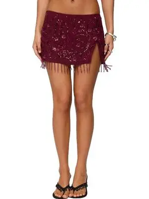 EDIKTED Sequin And Bead Embellished Fringe Mini Skirt - Burgundy
