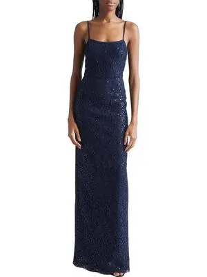 Michael Kors Sequin Corded Floral Lace Gown - Midnight