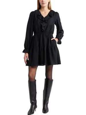 Caslon Ruffle Long-sleeve Tiered Minidress - Black