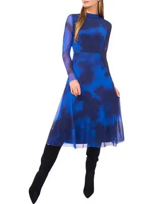 Halogen Dye Long Sleeve Mesh Midi Dress - Opulant Blue