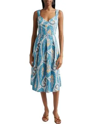 Etro Paisley Print Pleated Fit & Flare Midi Dress - Print On White Base