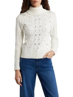 LIPSY Embellished Cable Stitch Turtleneck Sweater - Ivory