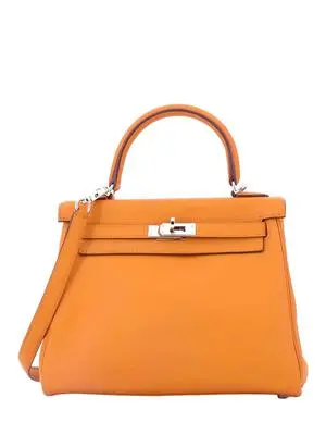 HERMES Kelly Handbag Orange Swift With Palladium Hardware 25