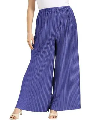 JUNE + VIE Plisse High-Rise Straight Leg Pants Blue Iris