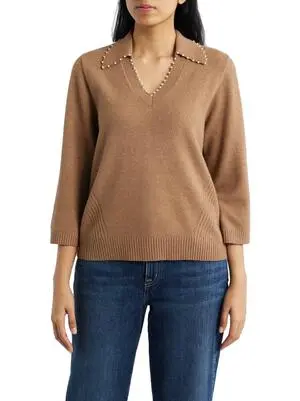 Wit & Wisdom Bead Trim Collared Sweater - Coffee Cake