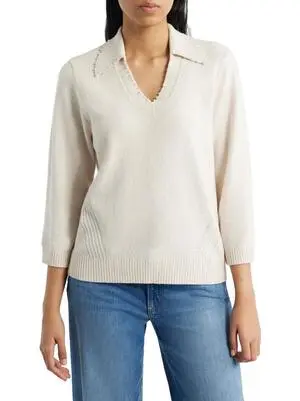 Wit & Wisdom Bead Trim Collared Sweater - Winter Pearl