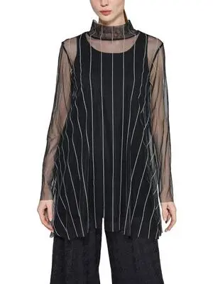 LUUKAA Striped Mesh Layered Blouse - Black Ecru