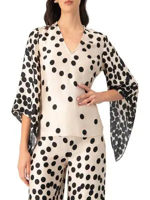 IVONNE Polka Dot V-neck Blouse With Wide Sleeves - Natural