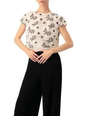 IVONNE Floral Embroidered See-through Crop Top - Natural